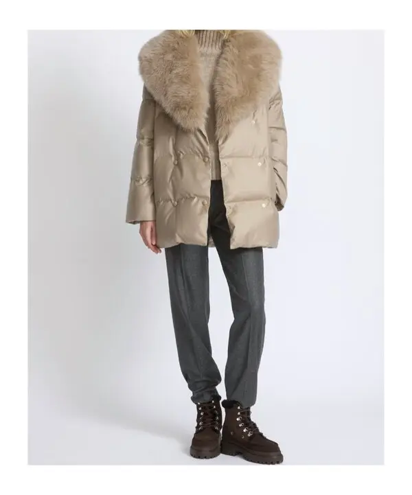 YVES SALOMON Long Double-breasted Down Jacket In Fabric With Detachable Fox Fur Collar