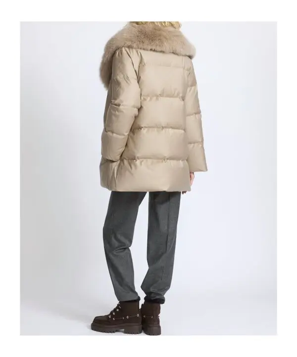 YVES SALOMON Long Double-breasted Down Jacket In Fabric With Detachable Fox Fur Collar