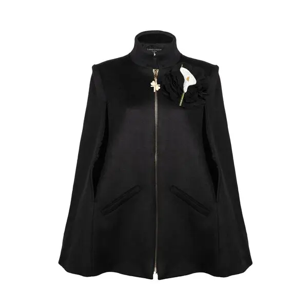 LAINES LONDON Laines Couture Wool Blend Zip Cape With Embellished Lily Flower Brooch - Black