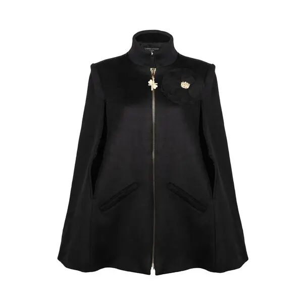 LAINES LONDON Laines Couture Wool Blend Zip Cape With Embellished Organza Corsage - Black