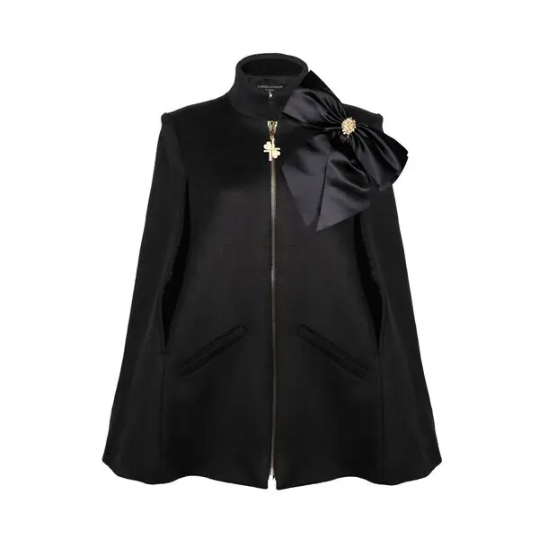 LAINES LONDON Laines Couture Wool Blend Zip Cape With Embellished Satin Bow Brooch - Black