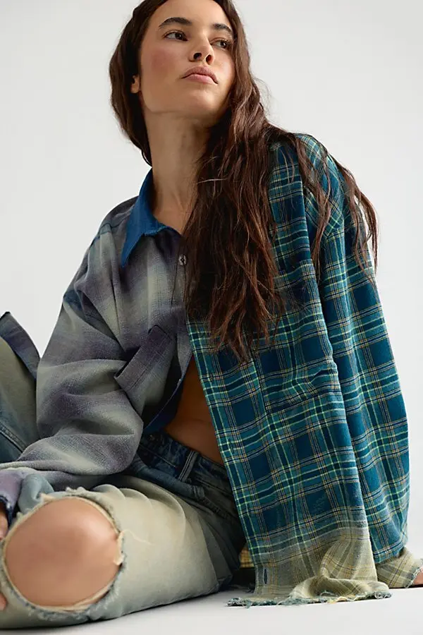 THE TALES Half N' Half Flannel Button Down Top - Blue Combo