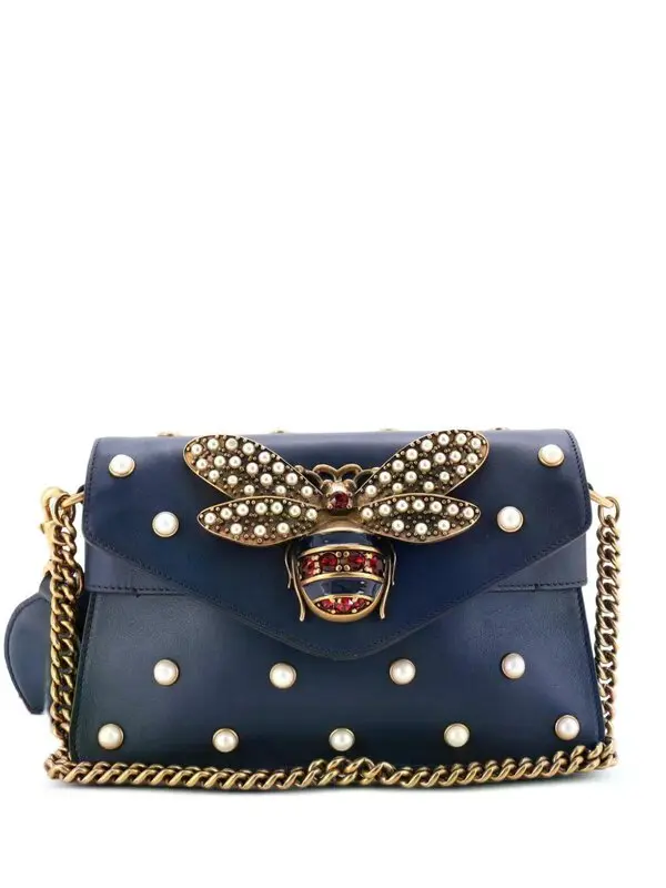 Gucci Broadway Pearly Bee Embellished Leather Mini Shoulder Bag - Blue