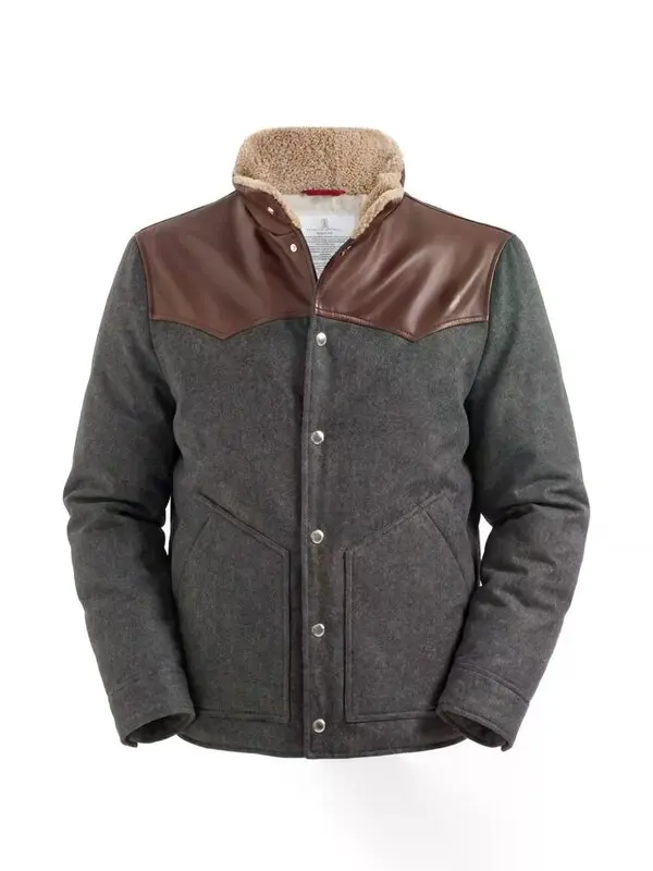 Brunello Cucinelli Bonded Wool Flannel Paneled Down Jacket With Shearling Collar