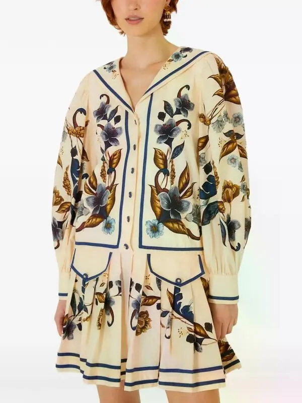 Farm Rio Floral-print Sailor-collar Mini Dress - Neutrals