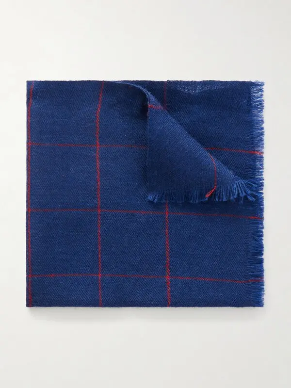 Anderson & Sheppard Frayed Checked Cashmere-twill Pocket Square - Blue