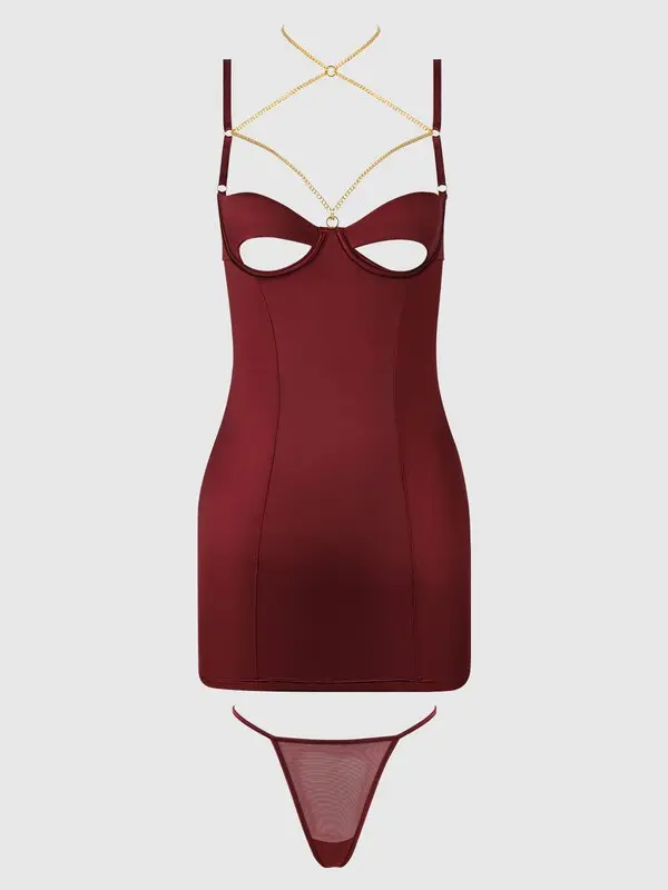 Frederick's Of Hollywood Emery Liquid Satin & Chain Open Cup & Back Chemise Set - Cabernet