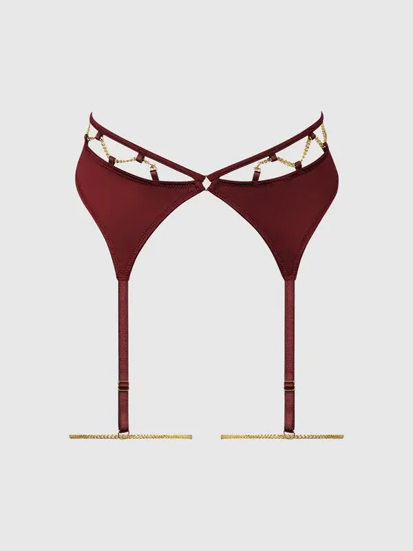 Frederick's Of Hollywood Emery Liquid Satin & Chain Thigh Garter Belt - Cabernet