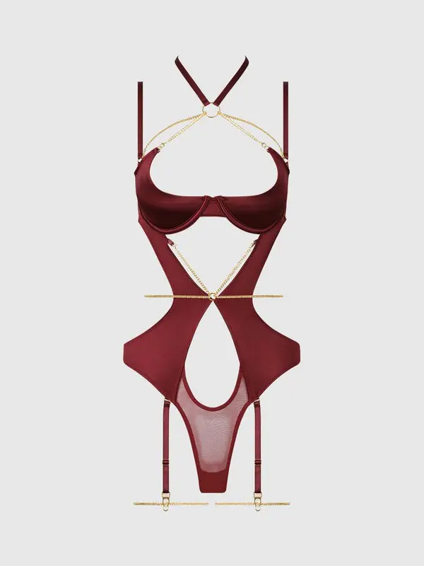 Frederick's Of Hollywood Emery Liquid Satin & Chain Halter Teddy - Cabernet
