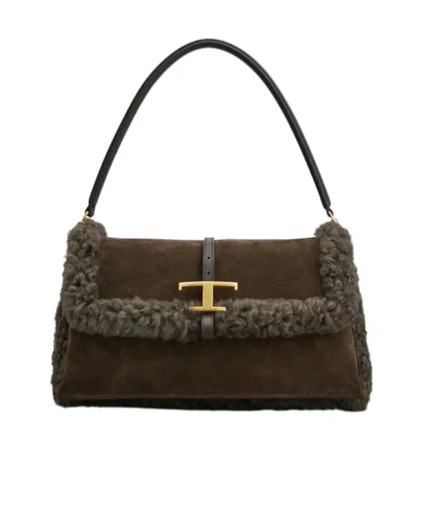 TOD'S T Timeless Flap Bag In Suede And Shearling Small