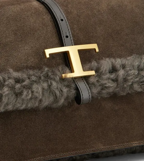 TOD'S T Timeless Flap Bag In Suede And Shearling Small
