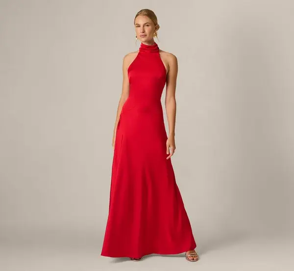 Adrianna Papell Stretch Satin Turtleneck Halter Open Back Gown - Red