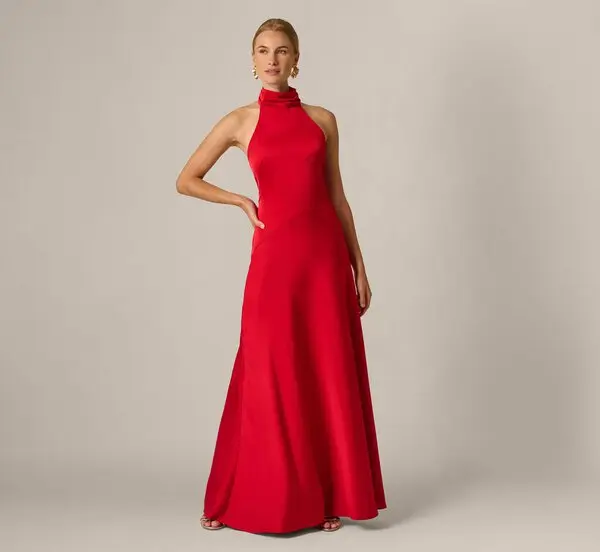 Adrianna Papell Stretch Satin Turtleneck Halter Open Back Gown - Red