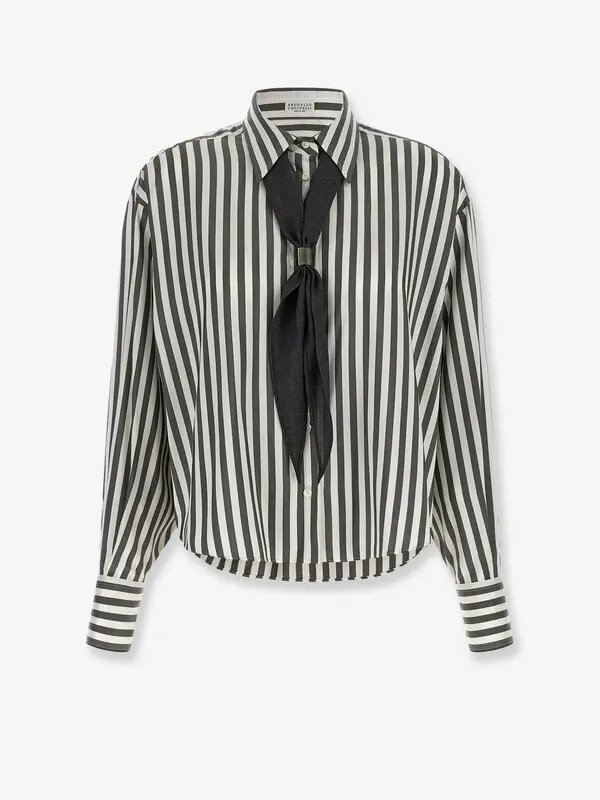 Brunello Cucinelli Striped Silk Shirt With Foulard - Grey