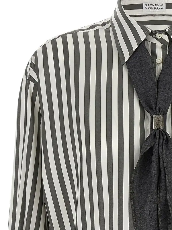 Brunello Cucinelli Striped Silk Shirt With Foulard - Grey