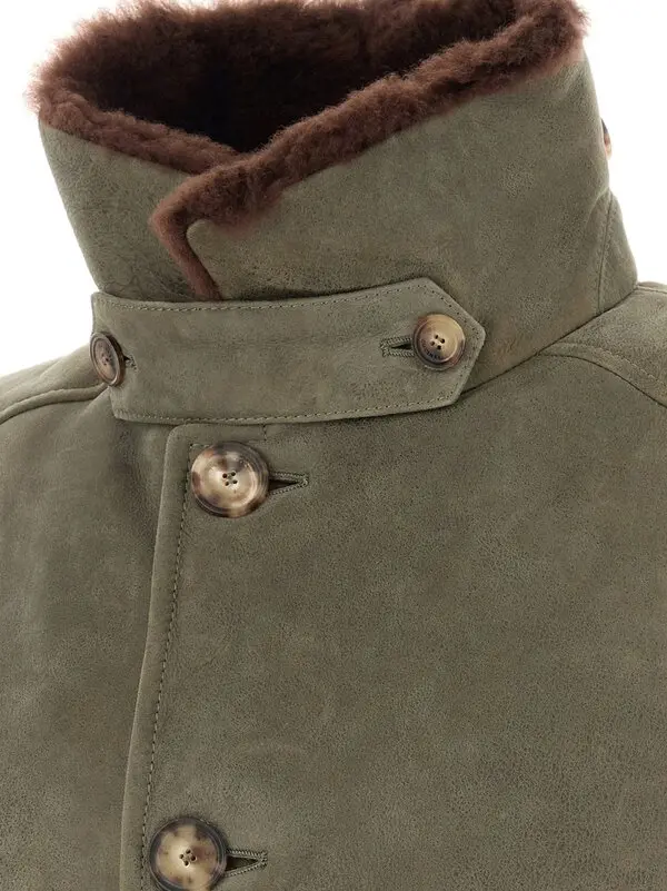 Brunello Cucinelli Waxed Shearling Bomber Jacket With Shearling Collar