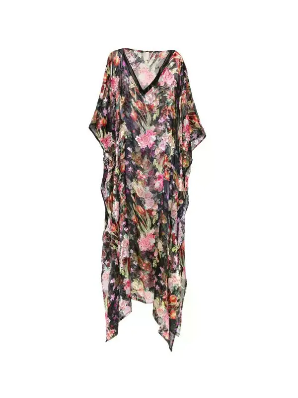 DOLCI FOLLIE Floral-print Silk Kaftan - Black