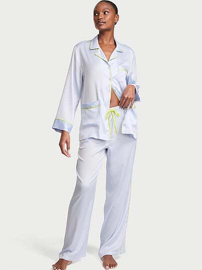 Victoria's Secret Signature Satin Luxe Long Pajama Set - Blue