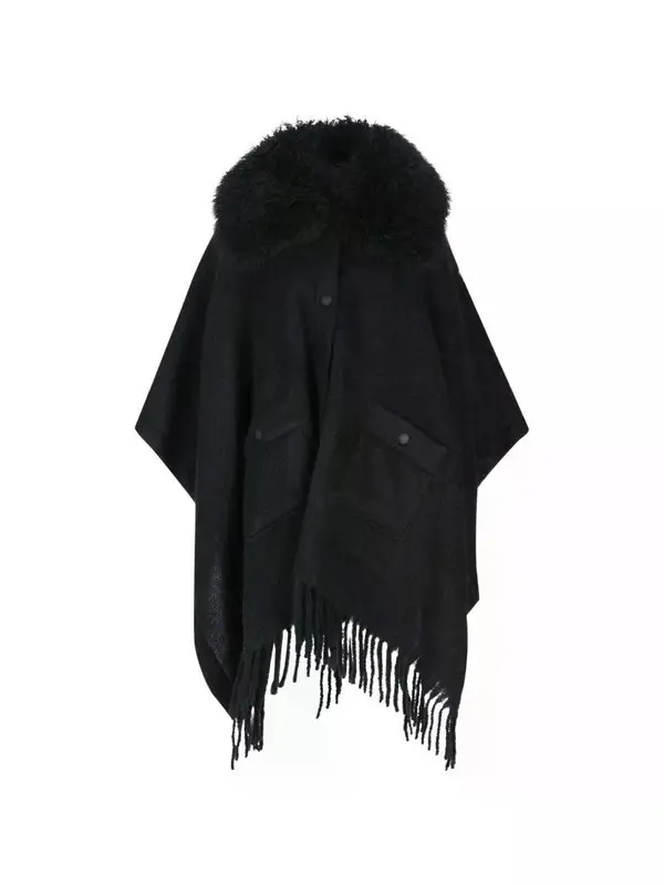Moncler Shearling-collar Fringed-hem Cape