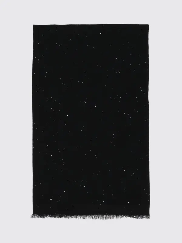Faliero Sarti Wool Blend Scarf With Sequins And Fringed Edges - Black