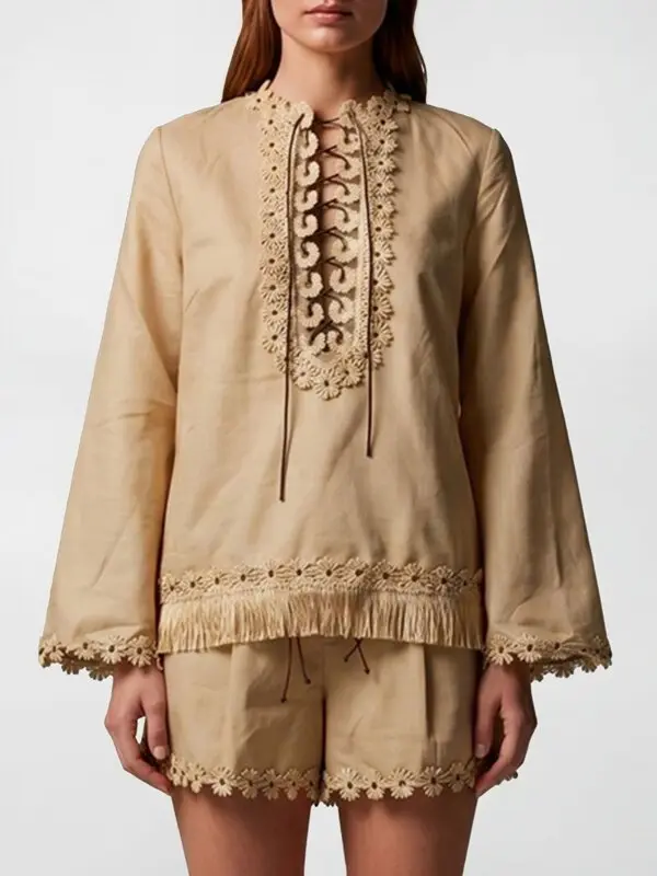 Zimmermann Mahon Cotton Blouse With Embroidery And Fringe Applications