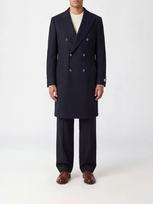 Canali Double-breasted Long Coat In Wool And Cashmere Blend