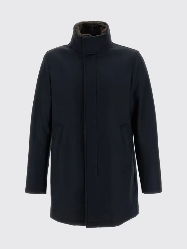 Herno Single-breasted Virgin Wool Coat With High Neck And Concealed Closure - Blue