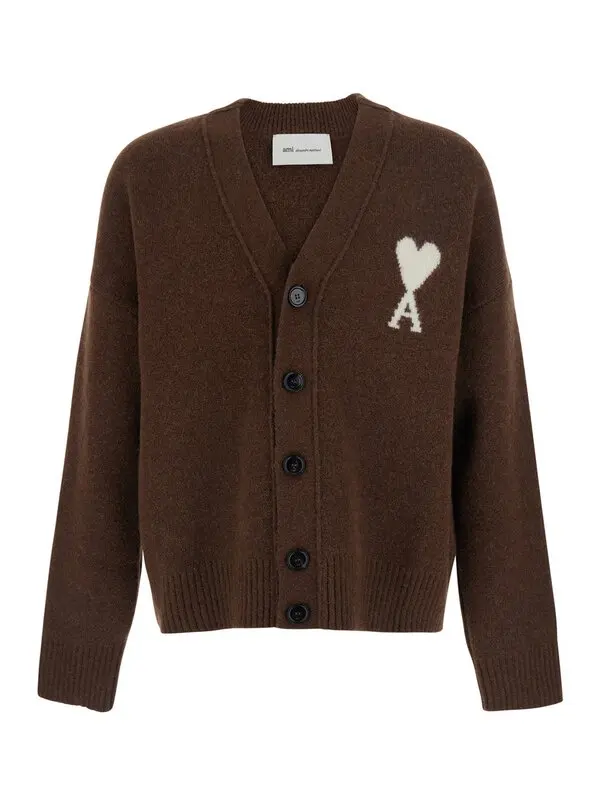 AMI Paris V-neck Cardigan With Of Coeur Patch