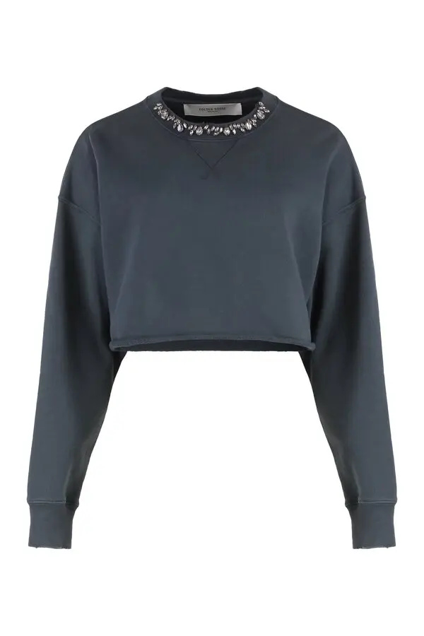 GOLDEN GOOSE Distressed Crystal-embellished Cropped Cotton Sweatshirt - Black