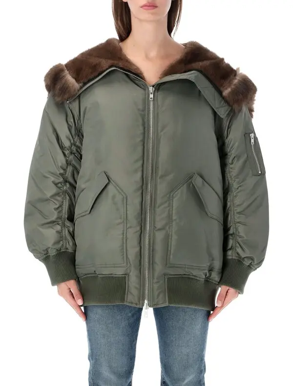 STAND STUDIO Hooded Faux Fur Trim Bomber Jacket - Sage Green