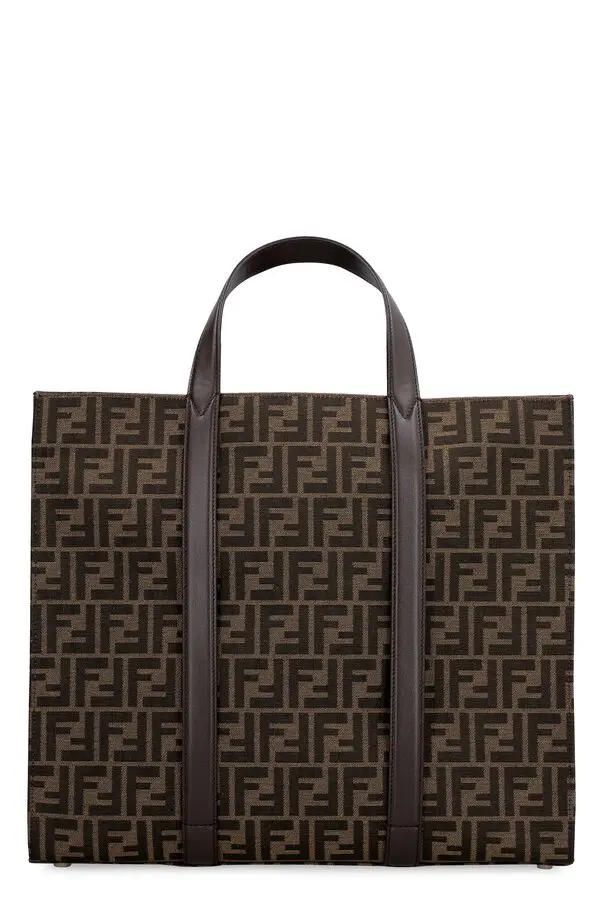 Fendi Ff Logo Jacquard Tote Handbag With Leather Handles