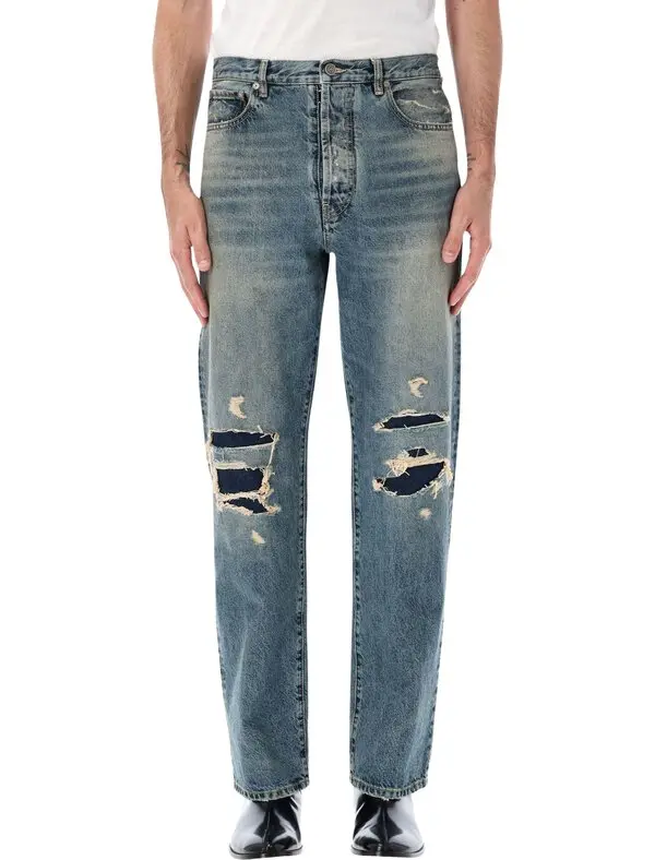 MAISON MARGIELA Distressed Straight-leg Five-pocket Jeans With Open Knee Rips And Raw Frayed Hem - Blu