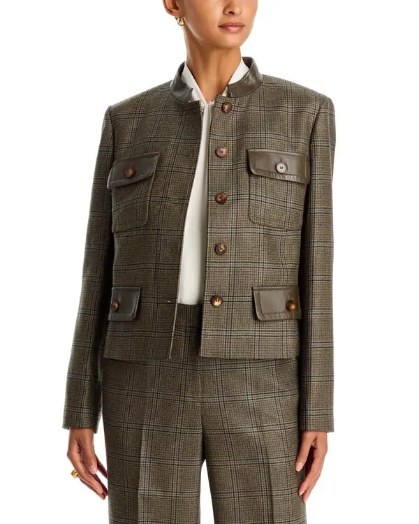 Lafayette 148 New York Leather Trim Wool Cropped Jacket