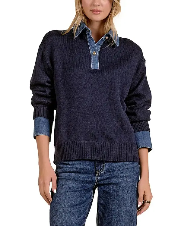 Elan Denim Trim Collared Sweater