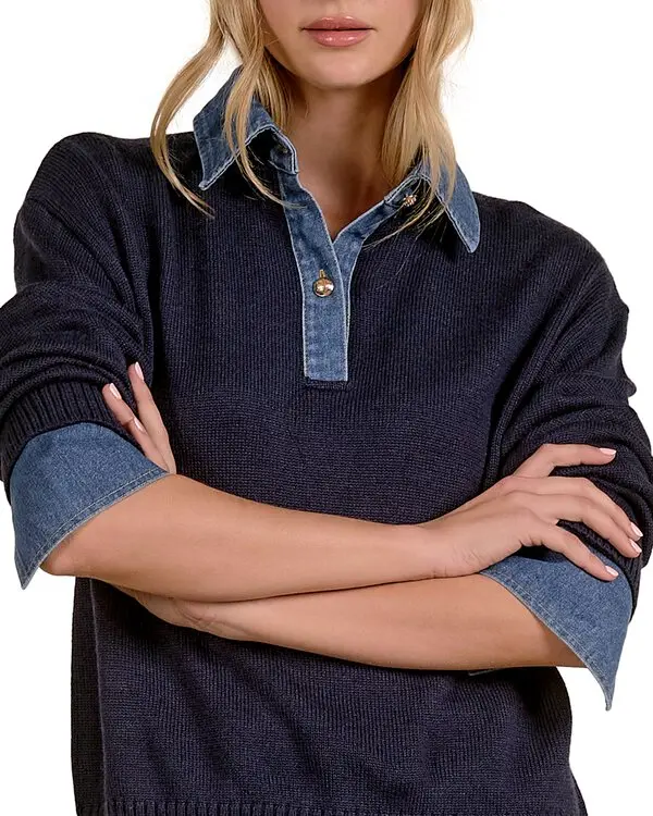 Elan Denim Trim Collared Sweater