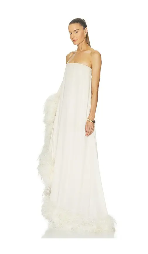 BRONX BANCO Strapless Chiffon Gown With Feather Trim