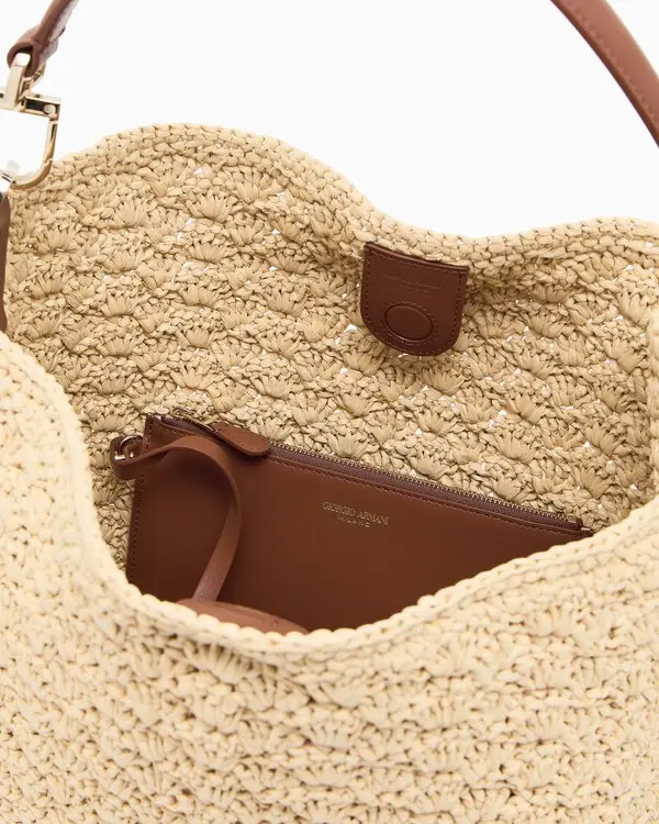 Giorgio Armani Medium Shoulder Bag Made Of Raffia Fan Stitch And Leather
