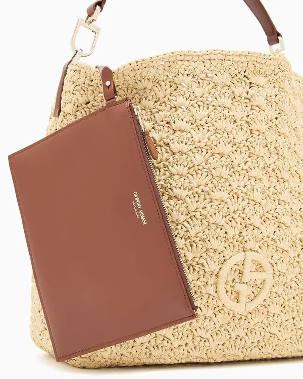 Giorgio Armani Medium Shoulder Bag Made Of Raffia Fan Stitch And Leather