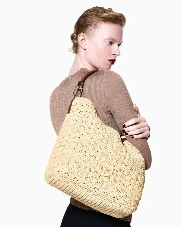 Giorgio Armani Medium Shoulder Bag Made Of Raffia Fan Stitch And Leather