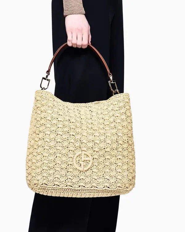 Giorgio Armani Medium Shoulder Bag Made Of Raffia Fan Stitch And Leather