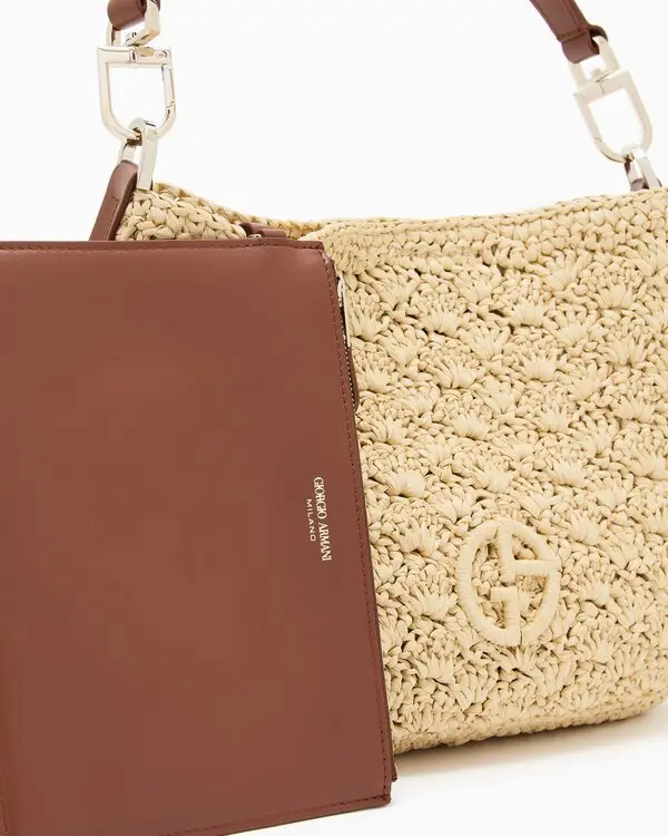 Giorgio Armani Small Shoulder Bag Made Of Raffia Fan Stitch And Leather