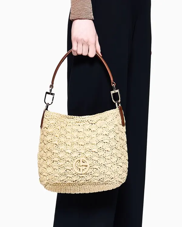 Giorgio Armani Small Shoulder Bag Made Of Raffia Fan Stitch And Leather