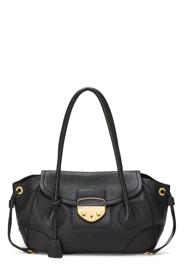 Prada Vitello Daino Push Lock Shoulder Bag - Black