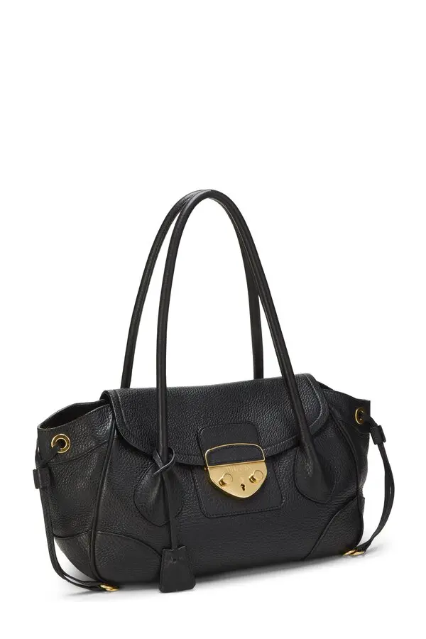 Prada Vitello Daino Push Lock Shoulder Bag - Black