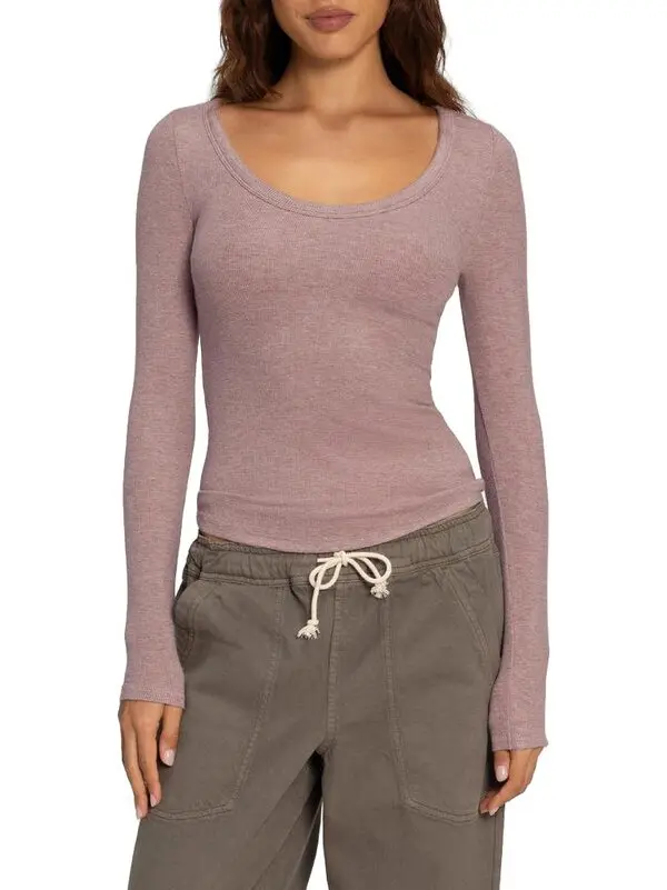 NUUDS Slinky Scoop Neck Rib Top - Heather Cocoa