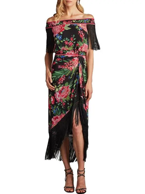 Tadashi Shoji Floral Off-the-shoulder Fringe Midi Dress - Black/ Fuchsia Floral