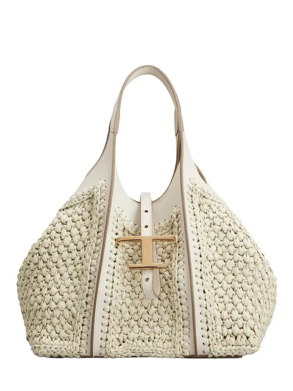 TOD'S T Timeless Mini Raffia & Leather Shopping Bag - Mastice/ Bianco Calce