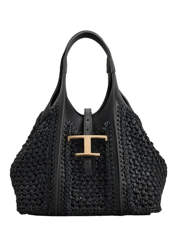 TOD'S T Timeless Mini Raffia & Leather Shopping Bag - Nero