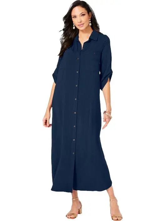Roaman's Safari-inspired Button-front Shirtdress - Navy