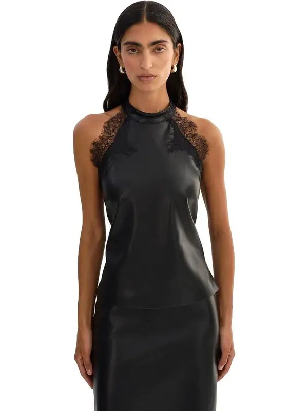 LAMARQUE Ginny Halter Top In Faux Leather With Lace Trim - Black